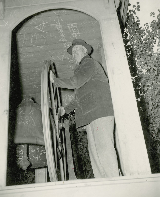 Tom Gidley, ringing the Victory Bell, Homecoming, 1948 | Iowa State ...