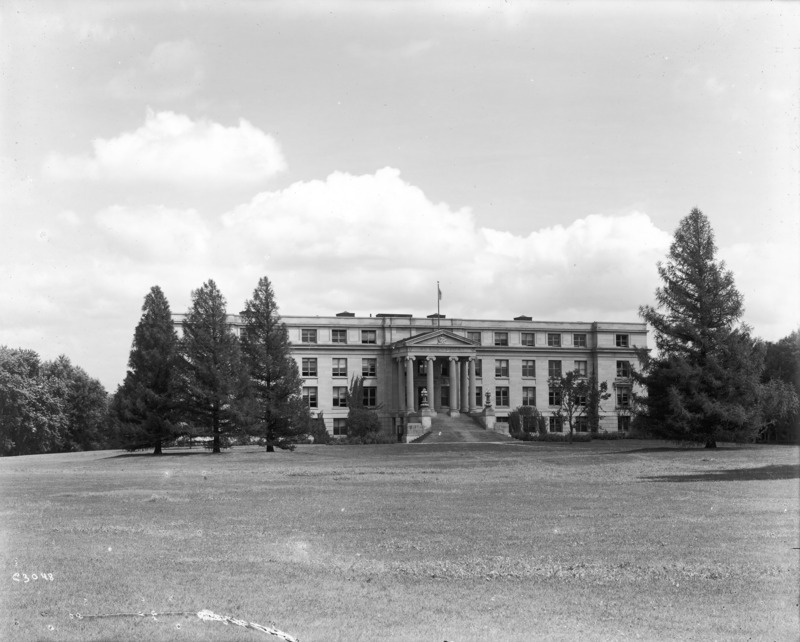 Curtiss Hall, front (west) facade framed by pine trees, 1917 | Iowa ...